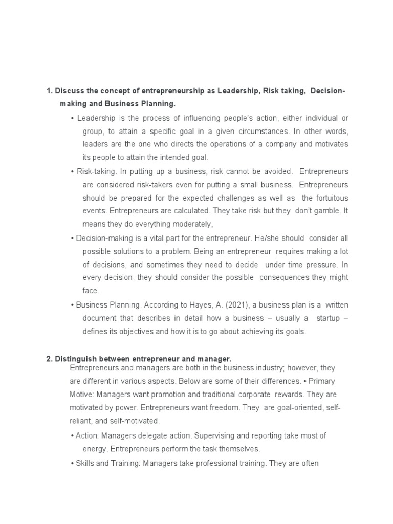 Discuss The Concept of Entrepreneurship As Leadership, Risk Taking ...