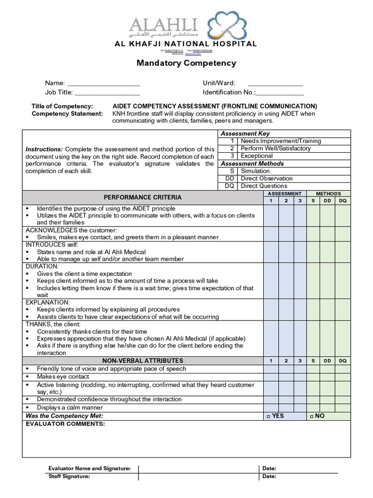AIDET Competency Assessment Checklist | PDF | Nonverbal Communication ...
