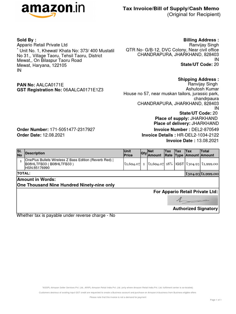 Tax Invoice/Bill of Supply/Cash Memo: (Original For Recipient ...