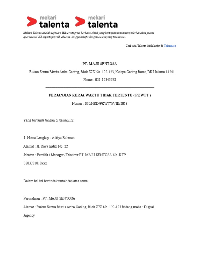Contoh Surat PKWTT | PDF | Karier & Perkembangan | Pengelolaan Keuangan ...