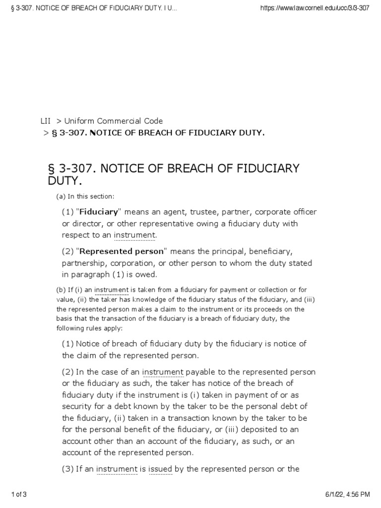 3-307. NOTICE OF BREACH OF FIDUCIARY DUTY. - Uniform Commercial Code ...