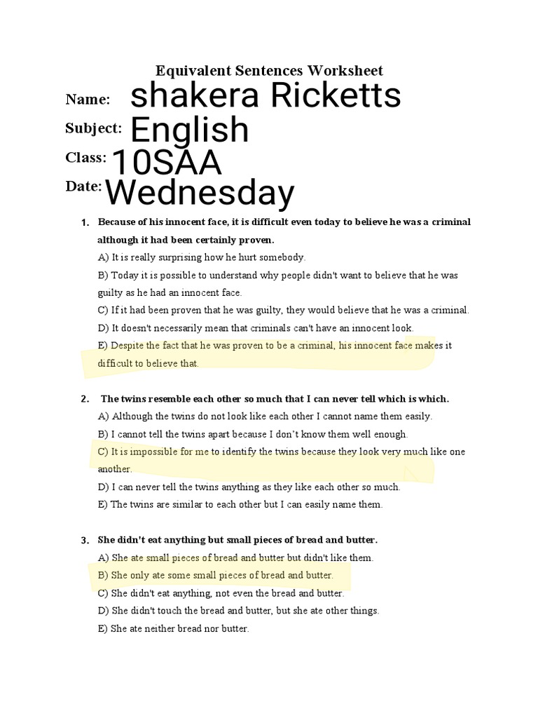 Edited - (Template) Equivalent Sentence Worksheet | PDF