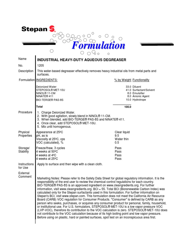 Stepan Formulation 1205 | PDF | Surfactant | Water