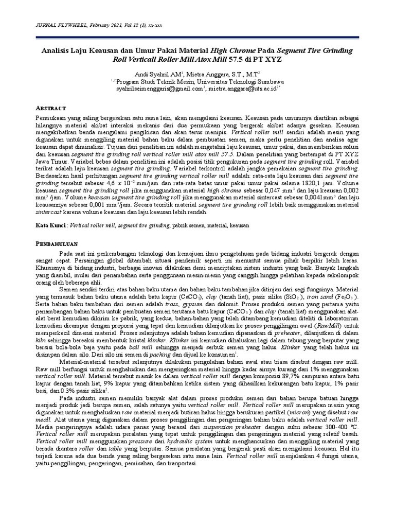 Analisis Laju Keausan Dan Umur Pakai Material High Chrome Pada Segment Tire Grinding Roll ...