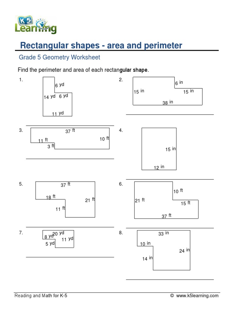Rectang Ular Shapes - Area and Perimeter: Grade 5 Geometry Worksheet ...