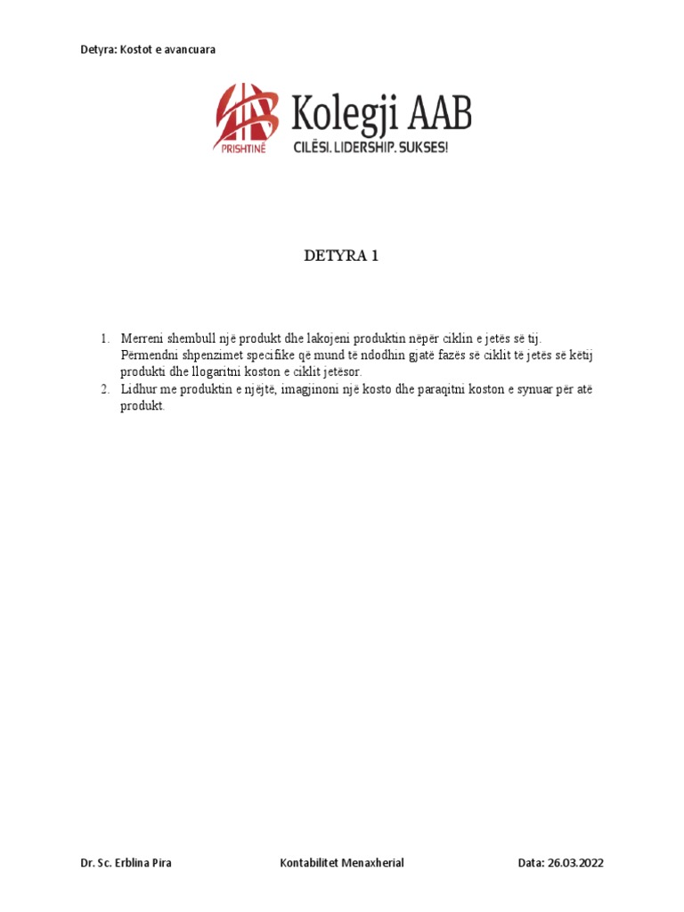 Detyra 1: Detyra: Kostot e Avancuara | PDF