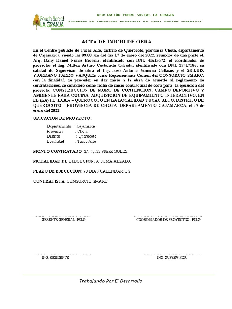 Modelo de Acta de Inicio de Obra | PDF