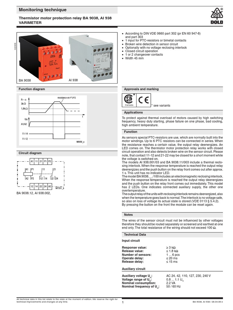 Monitoring Technique: Thermistor Motor Protection Relay Ba 9038, Ai 938 ...