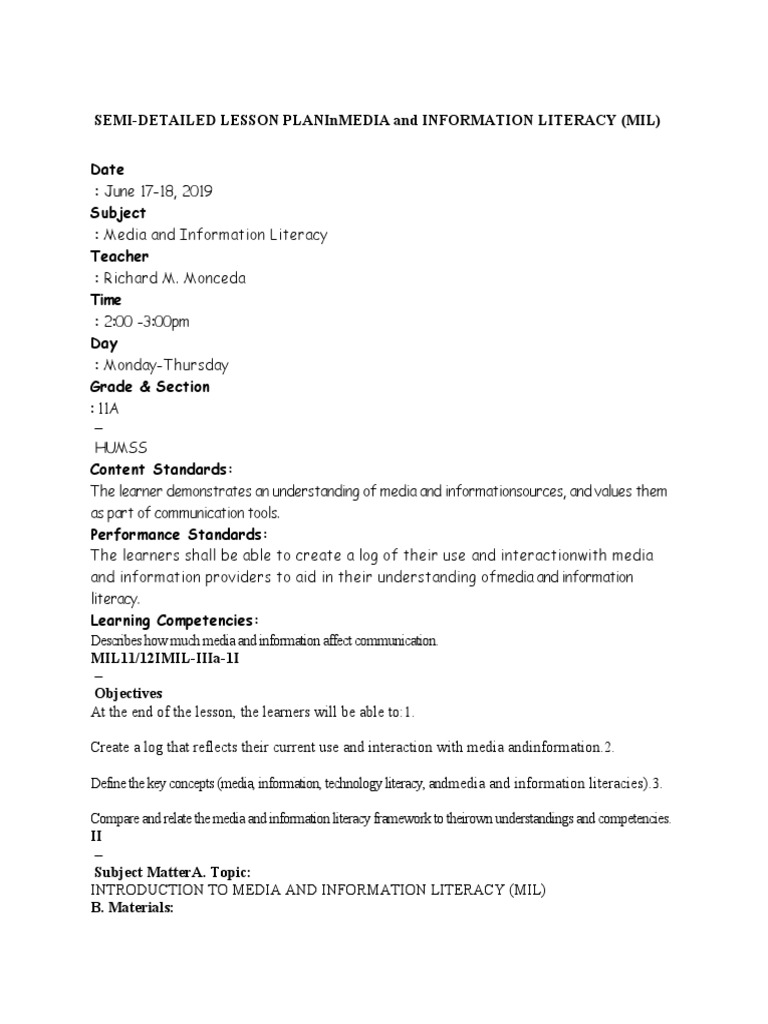 SEMI Detailed Lesson Plan in Media Info Literacy | PDF | Social Science