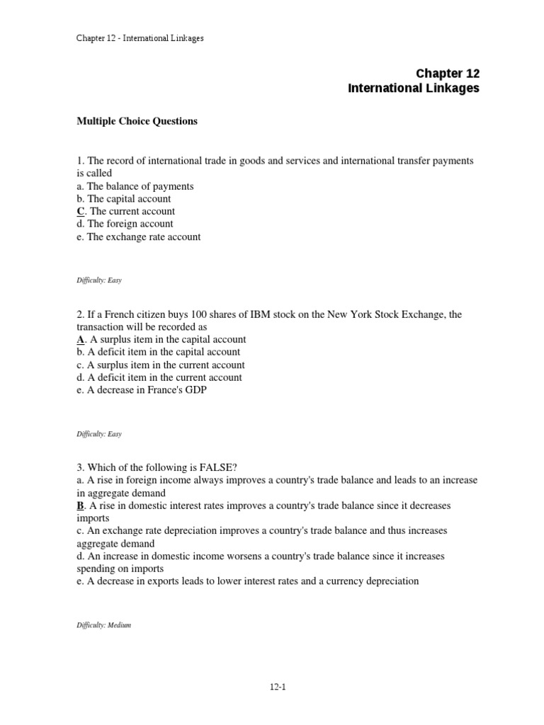 Multiple Choice Questions: International Linkages | Download Free PDF ...