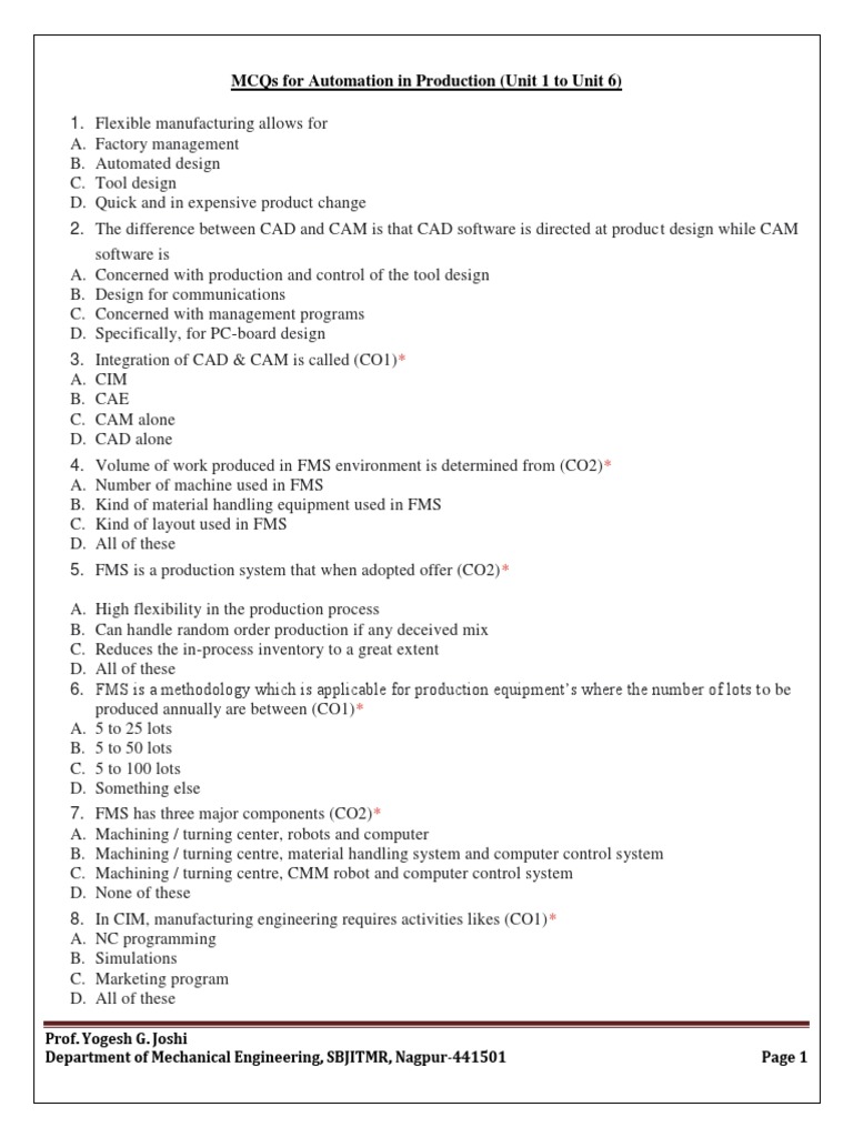 MCQs For Automation in Production | PDF | Automation | Computer Aided ...