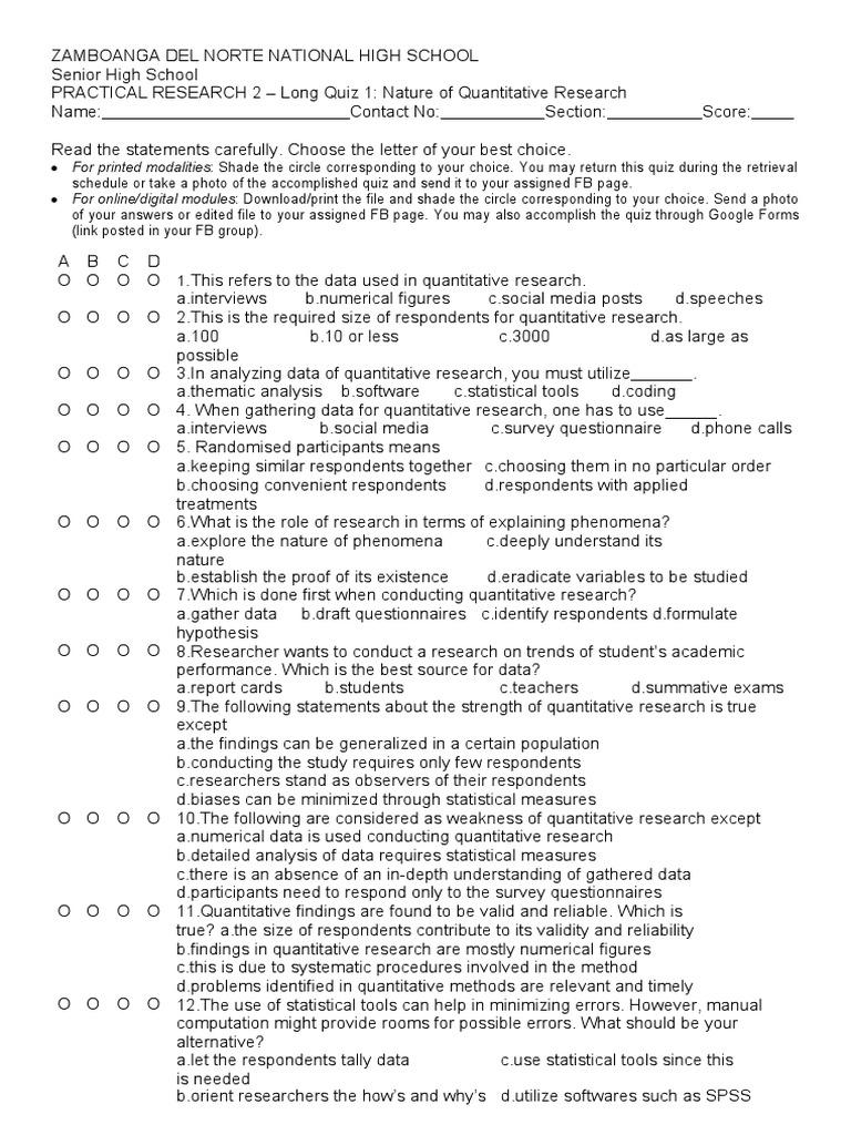 PRACTICAL RESEARCH 2 Long Quiz 1 1 1 | PDF | Quantitative Research ...