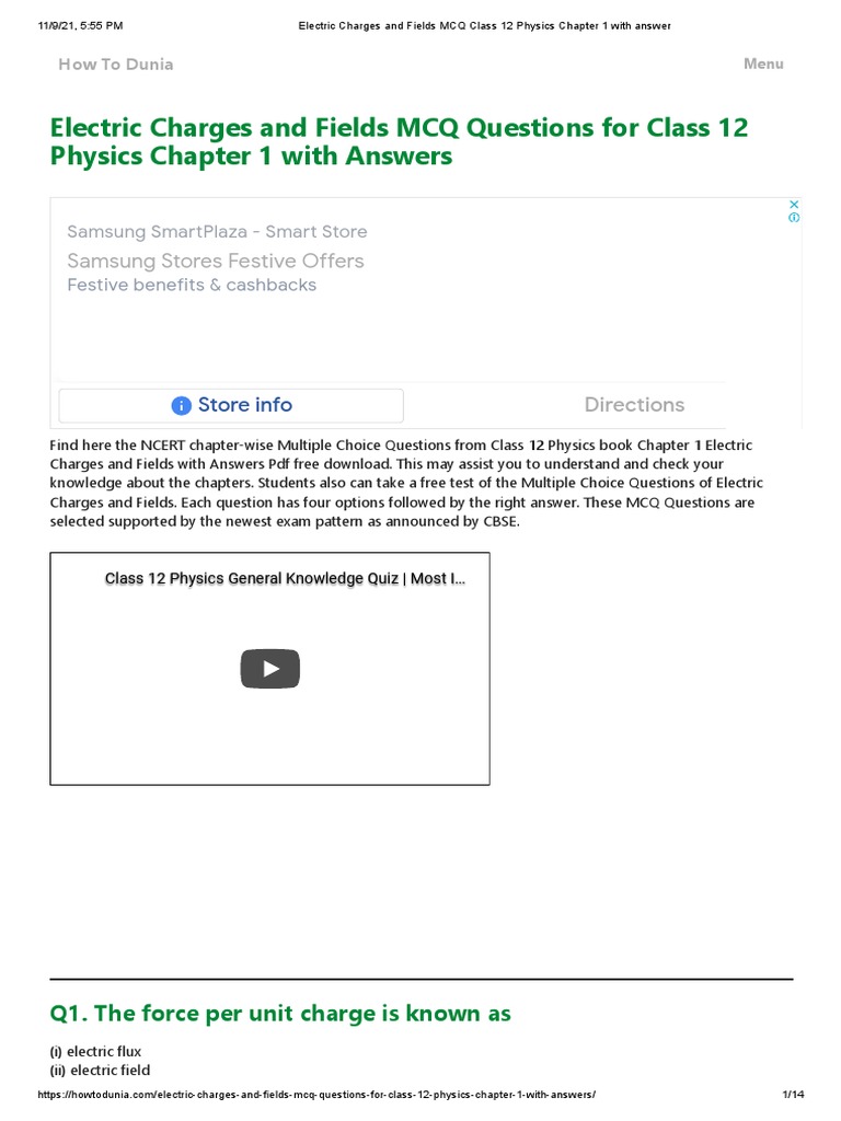 Electric Charges and Fields MCQ Class 12 Physics Chapter 1 | PDF ...