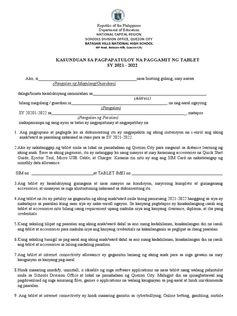 Renewal Form Kasunduan | PDF