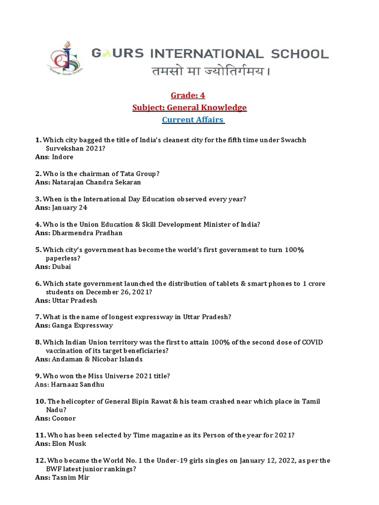 Grade: 4 Subject: General Knowledge: Current Affairs | PDF | Travel