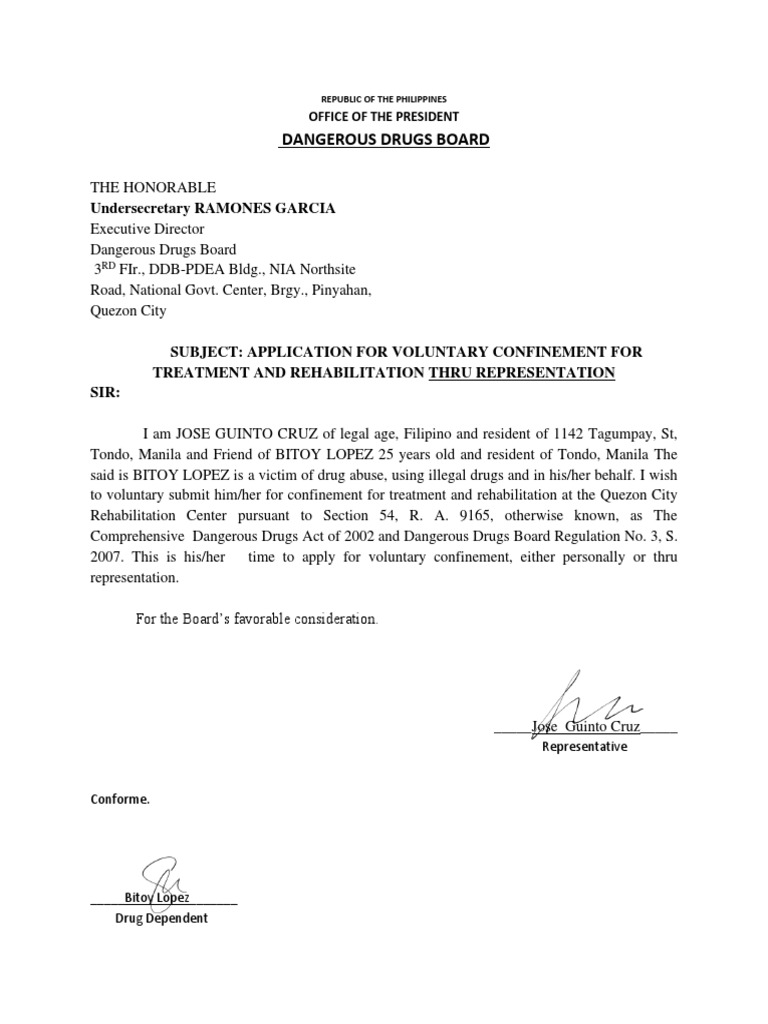 Voluntary Confinement Application for Rehab | PDF | Manila | Government