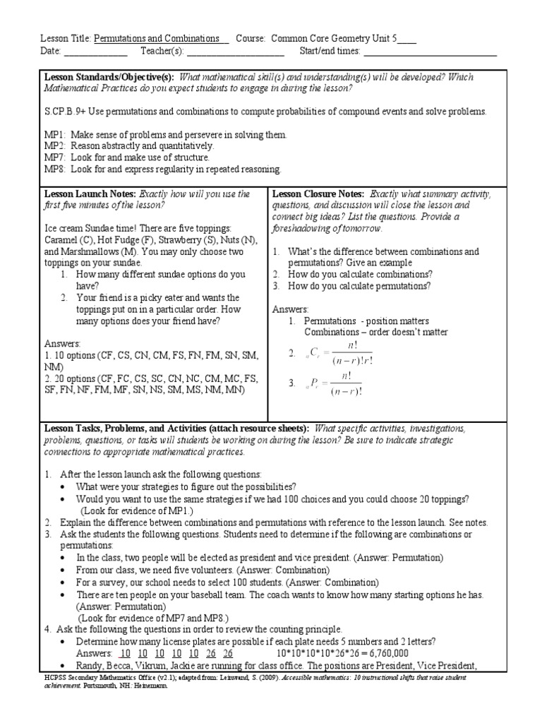 S CP B 9 Lesson Permutations and Combinations | PDF | Permutation ...