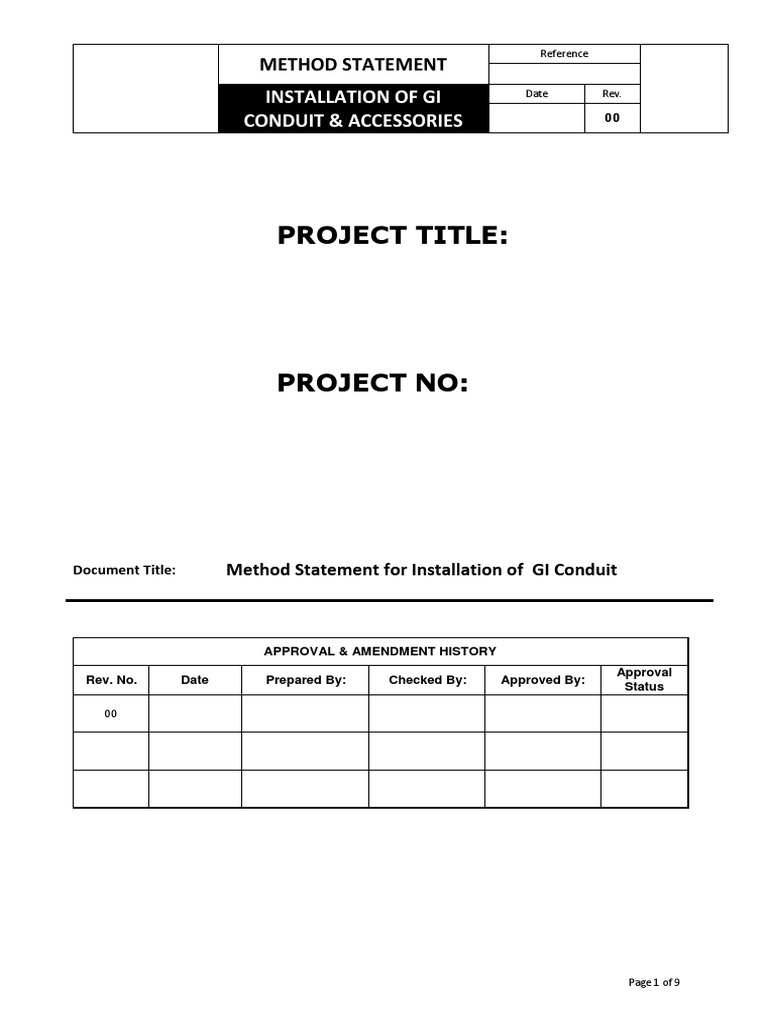 1.0 Method Statement - Installation of GI Conduits | PDF | Calibration | Quality Assurance