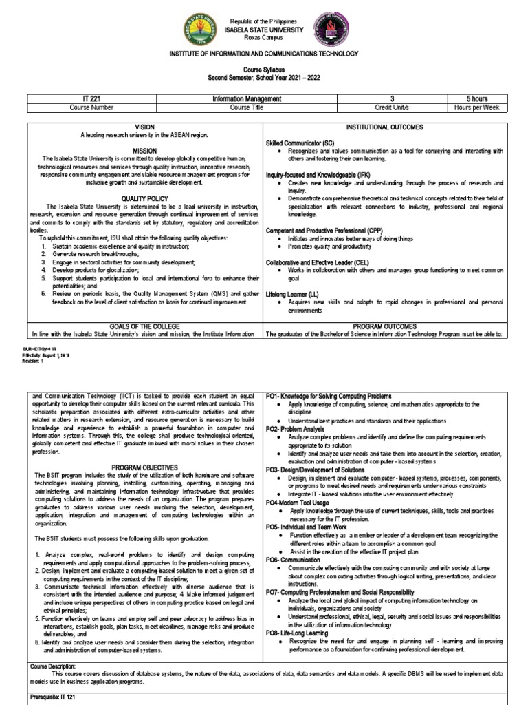 Syllabus It 221-Information Management 2ND Sem 2021-2022 | PDF ...