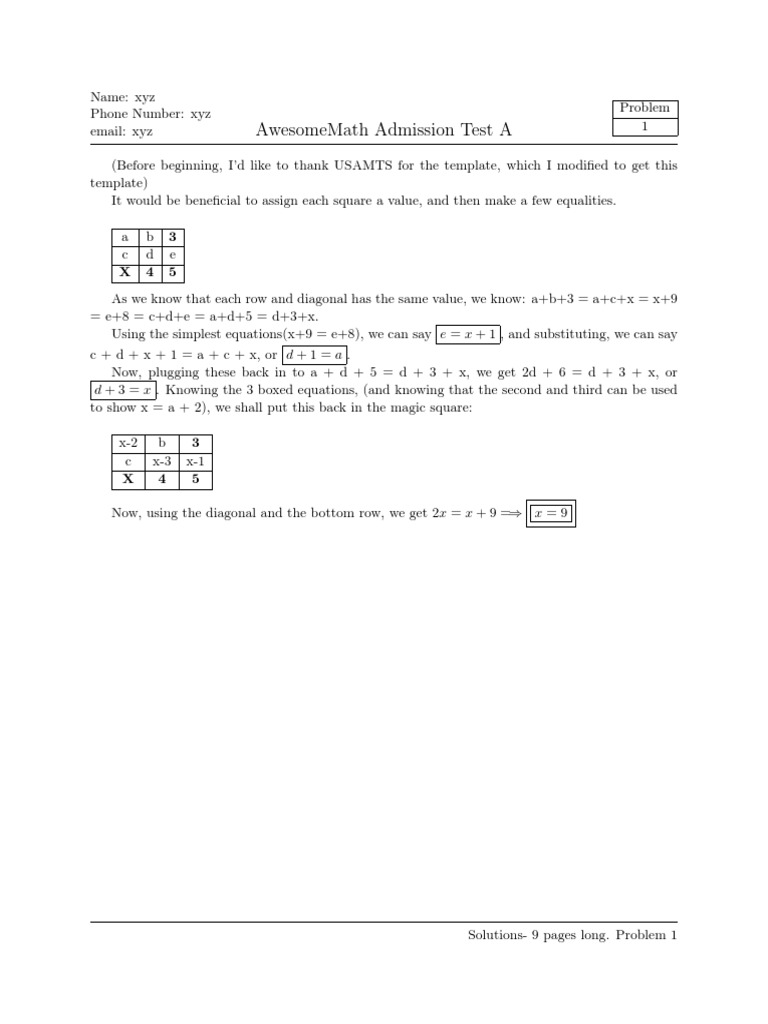 Awesomemath Admission Test A | PDF | Numbers | Equations