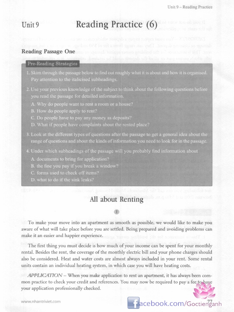 Reading Practice (: Unit 9 | PDF | Lease | Renting