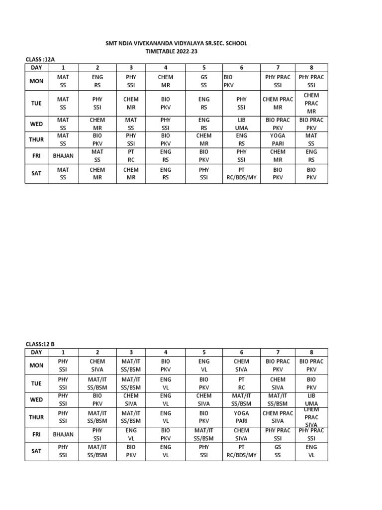 Time Table Xii STD | PDF