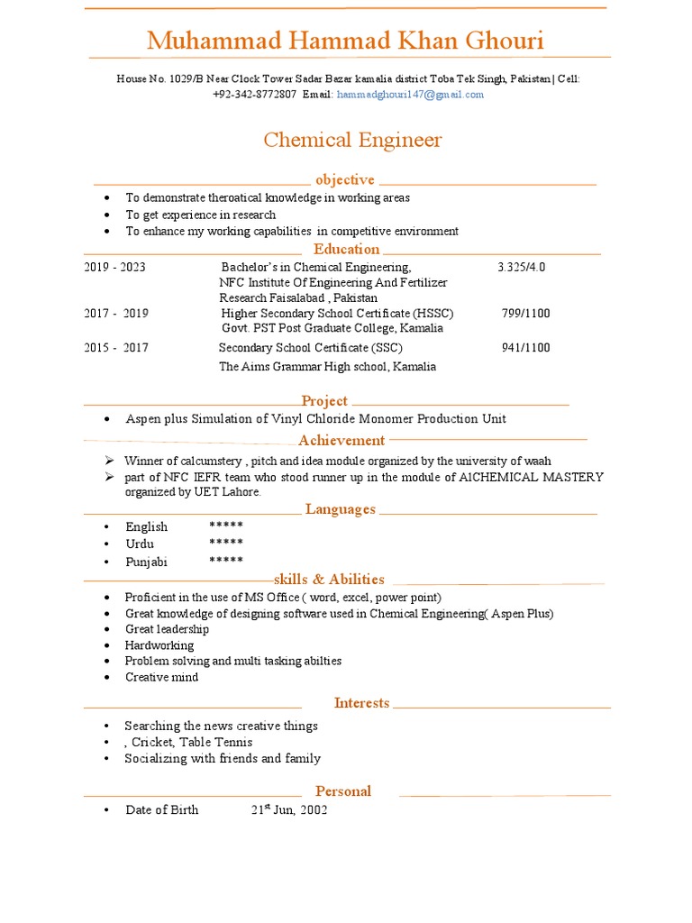 Chemical Engineer Resume: Hammad Ghouri | PDF