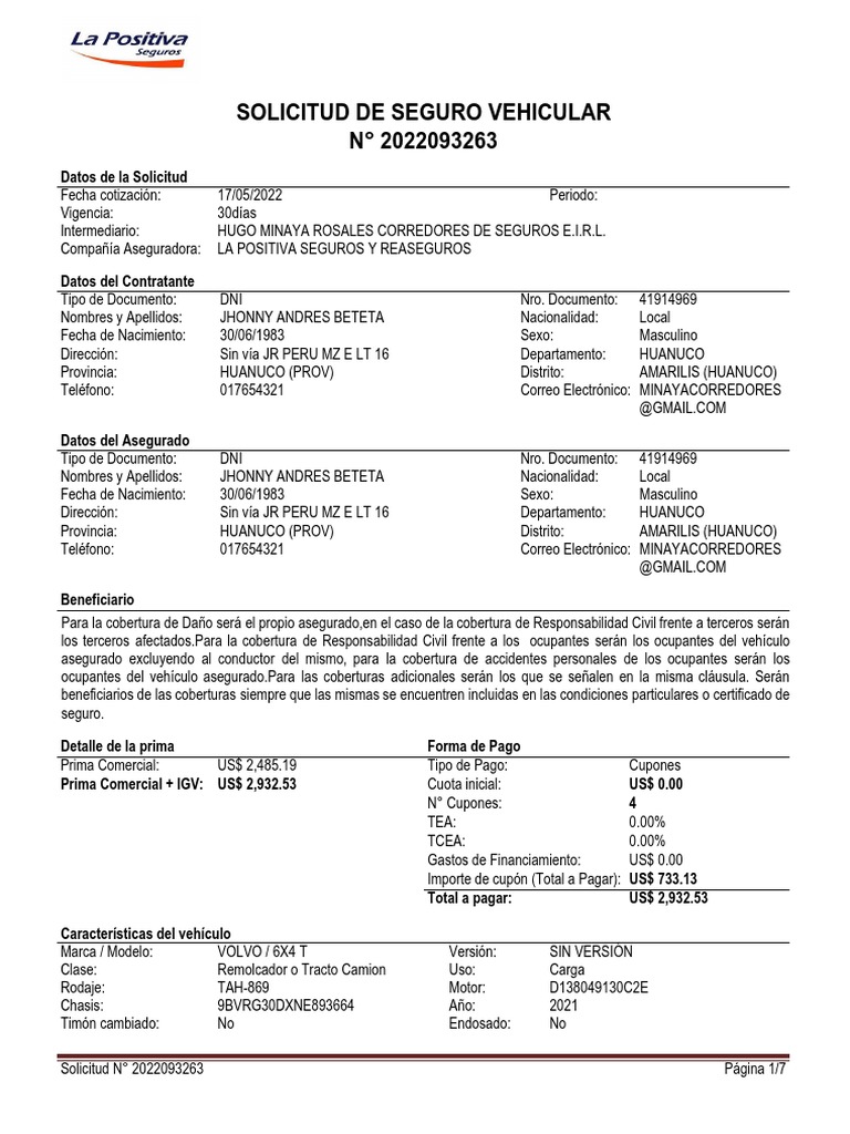 Solicitud de Seguro Vehicular #2022093263 | PDF | Póliza de seguros ...