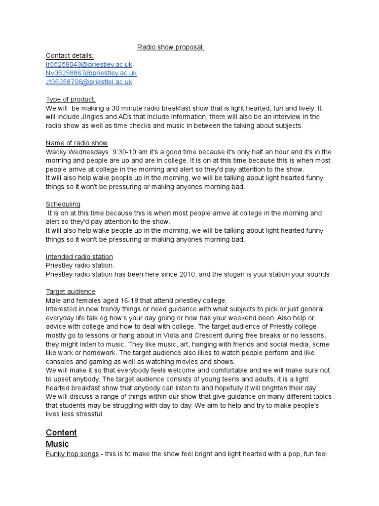 Radio Show Proposal | PDF | Coffeehouse | Fashion