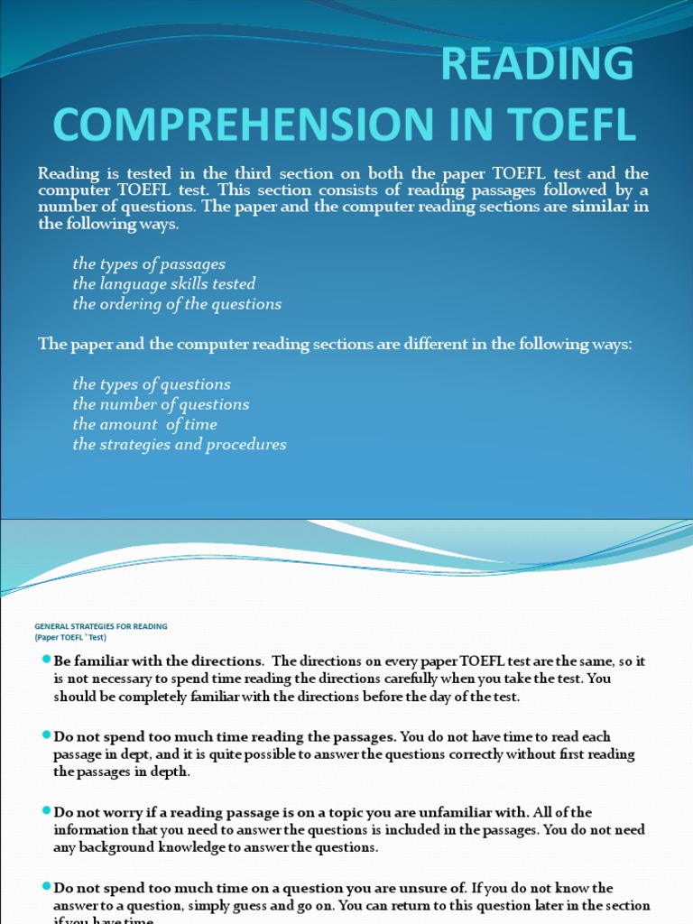 Reading Comprehension in Toefl: The Types of Passages The Language ...