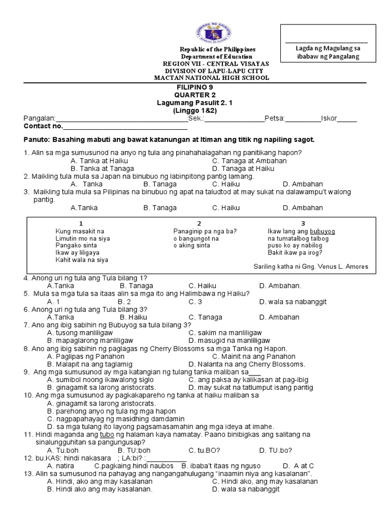 Filipino 9 Quarter 2 LP 2.1 For Students | PDF