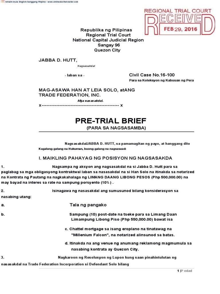 Sample Pre-Trial Brief - English - En.tl | PDF