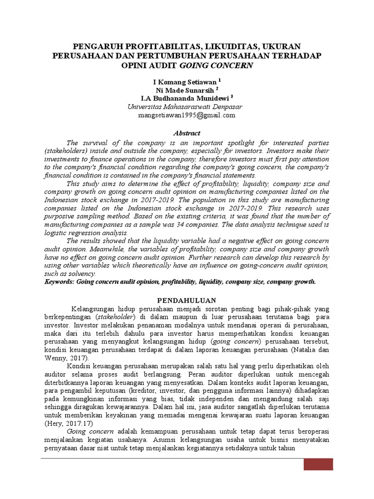 Pengaruh Profitabilitas, Likuiditas, Ukuran Perusahaan Dan Pertumbuhan Perusahaan Terhadap Opini ...