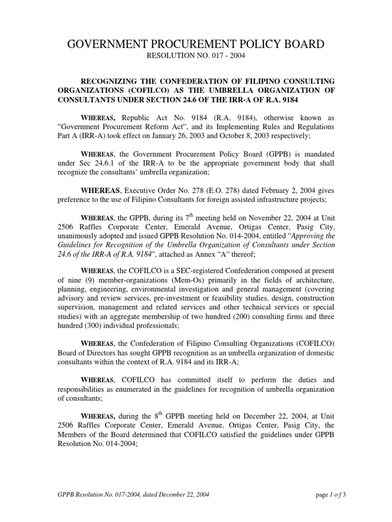 Government Procurement Policy Board Recognizes Confederation of ...