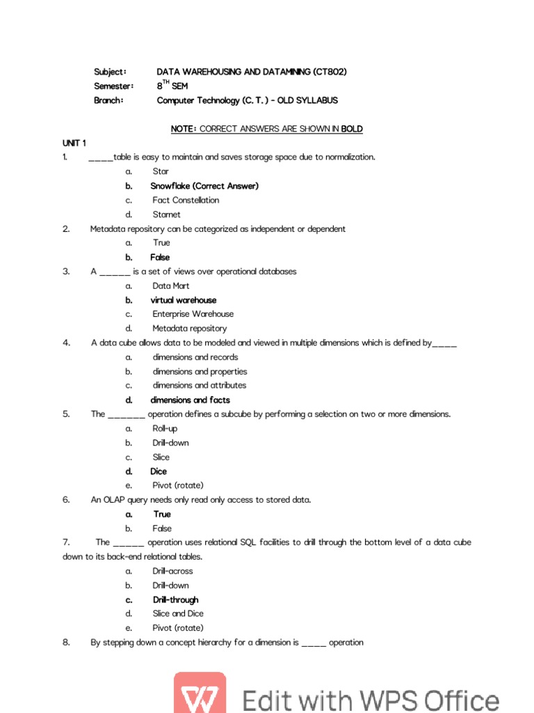 Data Warehousing MCQ | Download Free PDF | Cluster Analysis | Data Warehouse