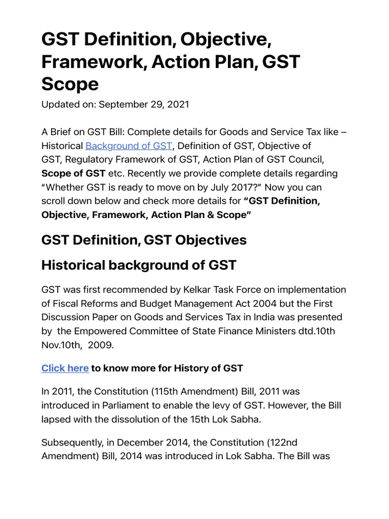 GST Definition, Objective, Framework, Action Plan, GST Scope | PDF ...