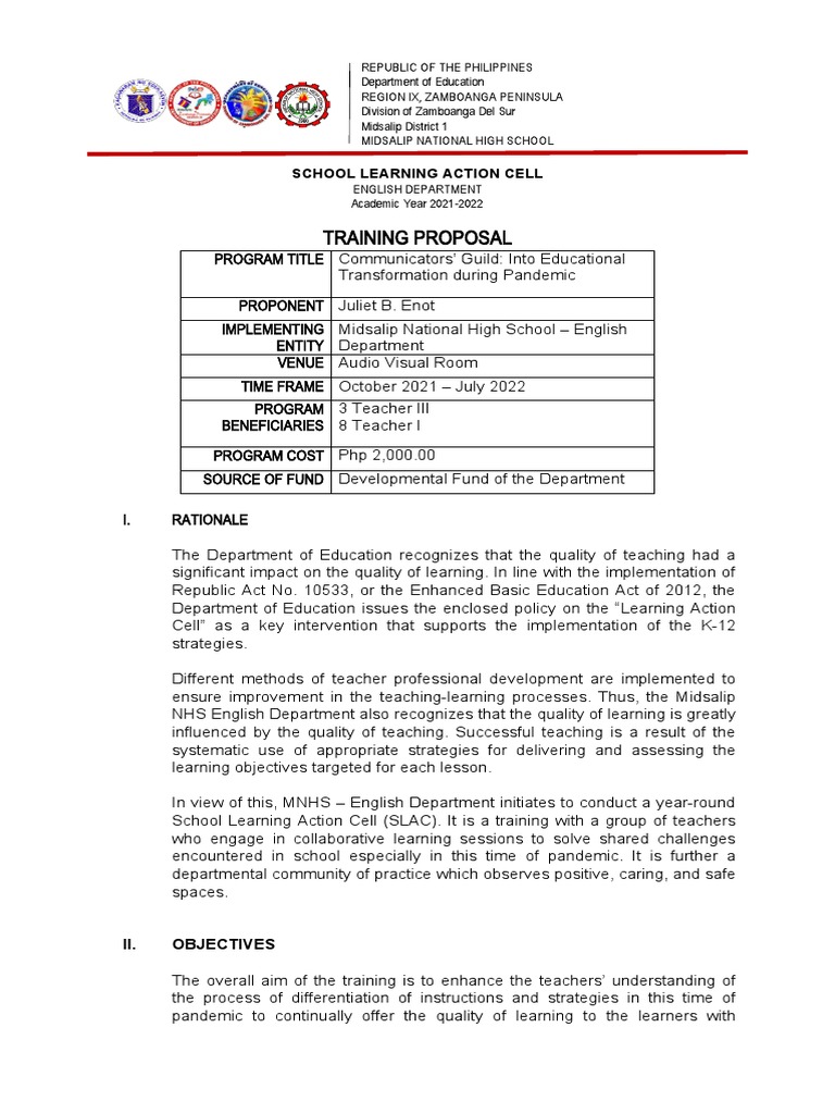 Slac Training Proposal | PDF | Teachers | Learning