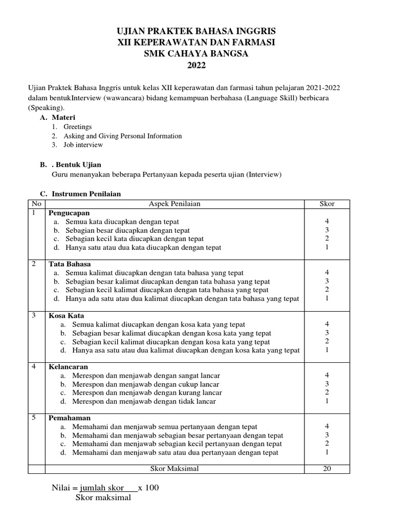 Format Penilaian Ujian Praktek Bahasa Inggris | PDF