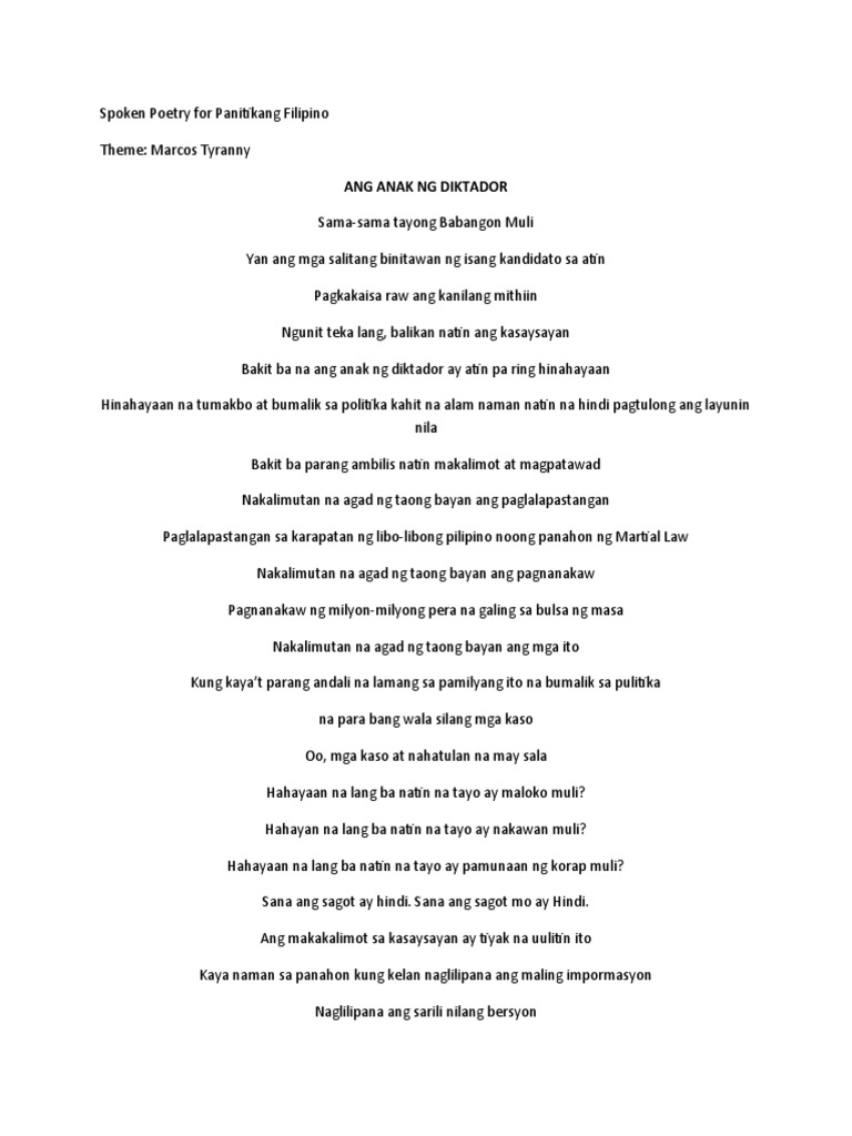 SW - Spoken Poetry For Panitikang Filipino | PDF