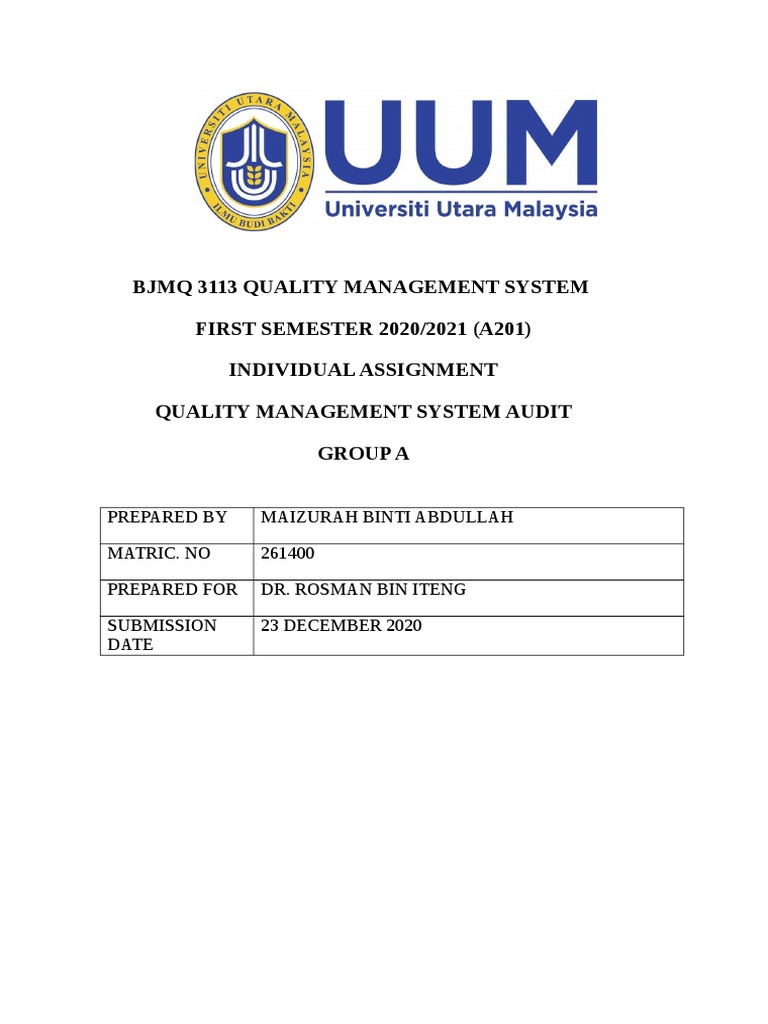 BJMQ 3113 Quality Management System FIRST SEMESTER 2020/2021 (A201 ...