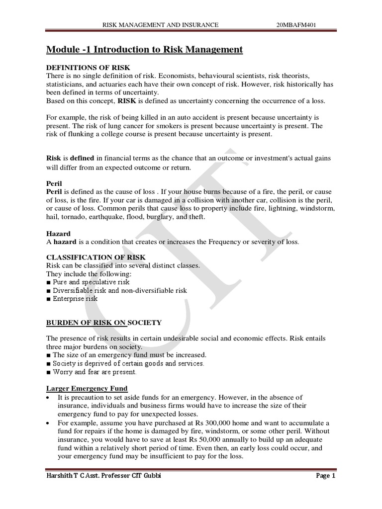 Risk and Insurance Module - 1 | PDF | Risk | Risk Management