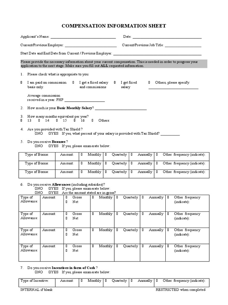Compensation Information Sheet | PDF | Salary | Loans