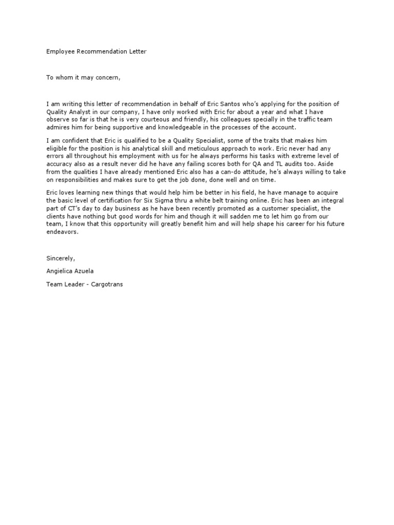Recommendation for Quality Analyst Eric Santos | PDF