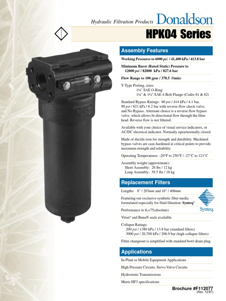 Donaldson HPK04 Series Data Sheets F112077 | PDF | Valve | Viscosity