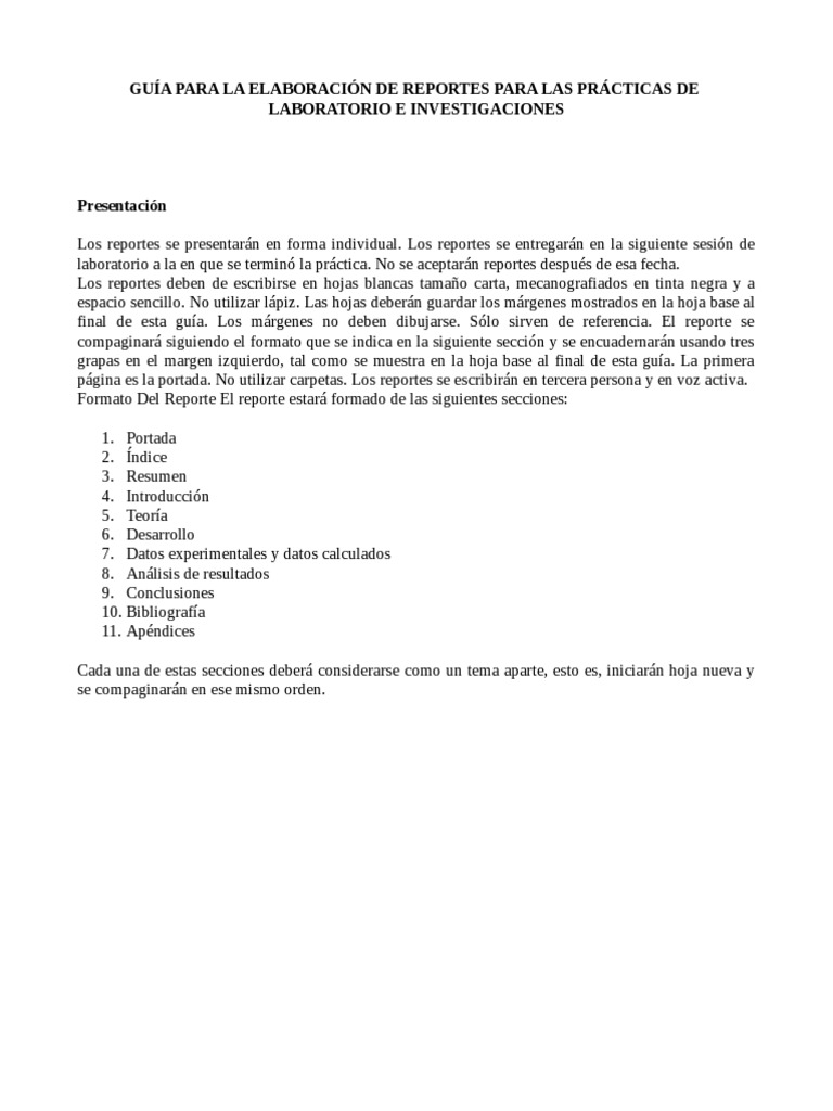Guia Para Elaboracion De Reportes Pdf Experimentar Teoría