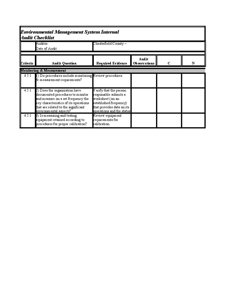 Checklist ISO14001 | Internal Audit | Environmental Policy