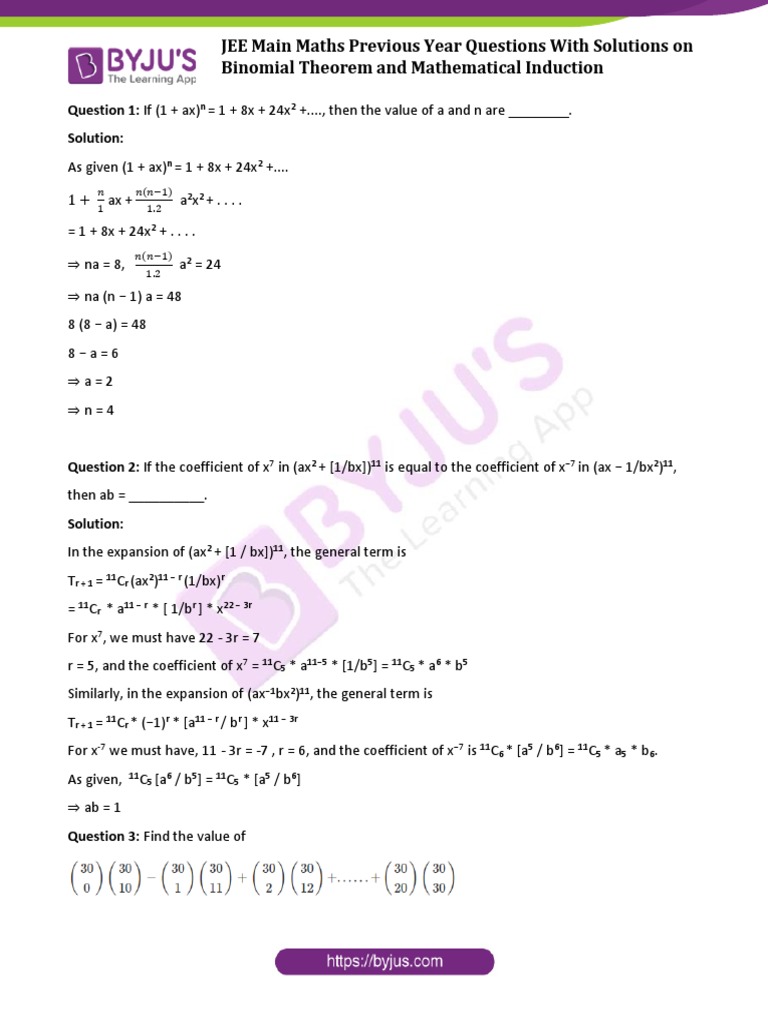 JEE Main Maths Previous Year Questions With Solutions On Binomial ...