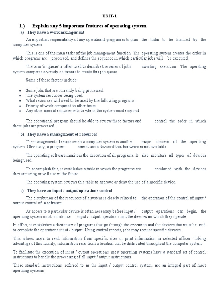 1.) Explain Any 5 Important Features of Operating System.: A) They Have ...