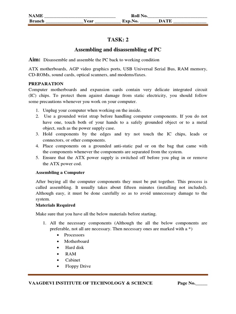 Task: 2 Assembling and Disassembling of PC Aim | PDF | Personal ...