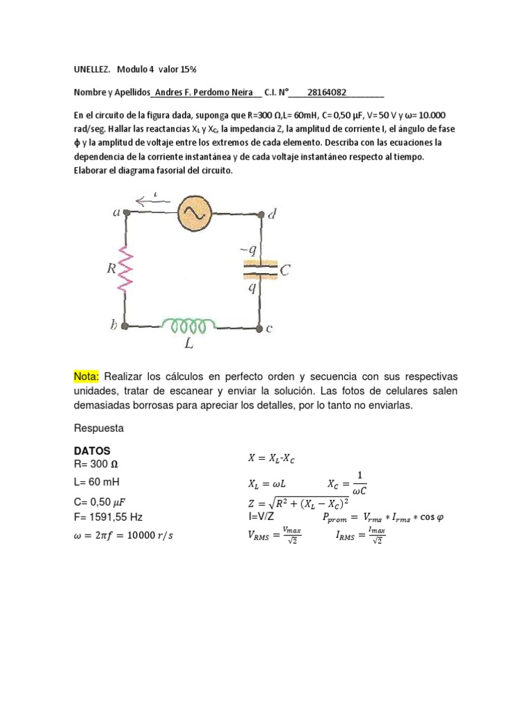 Modulo IV 2do Ejercicio Final | PDF | voltaje | Impedancia eléctrica